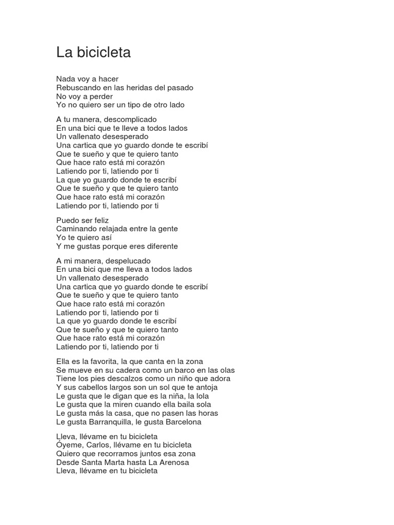 La Bicicleta Letra Cancion | PDF