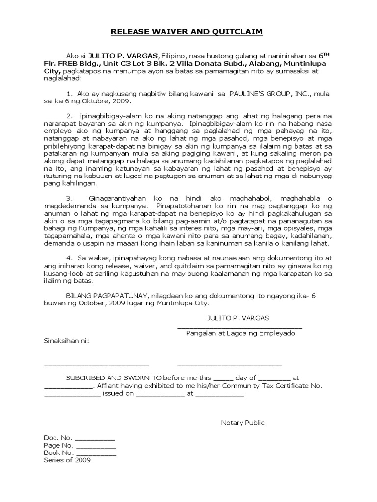 Release Waiver and Quitclaim | PDF