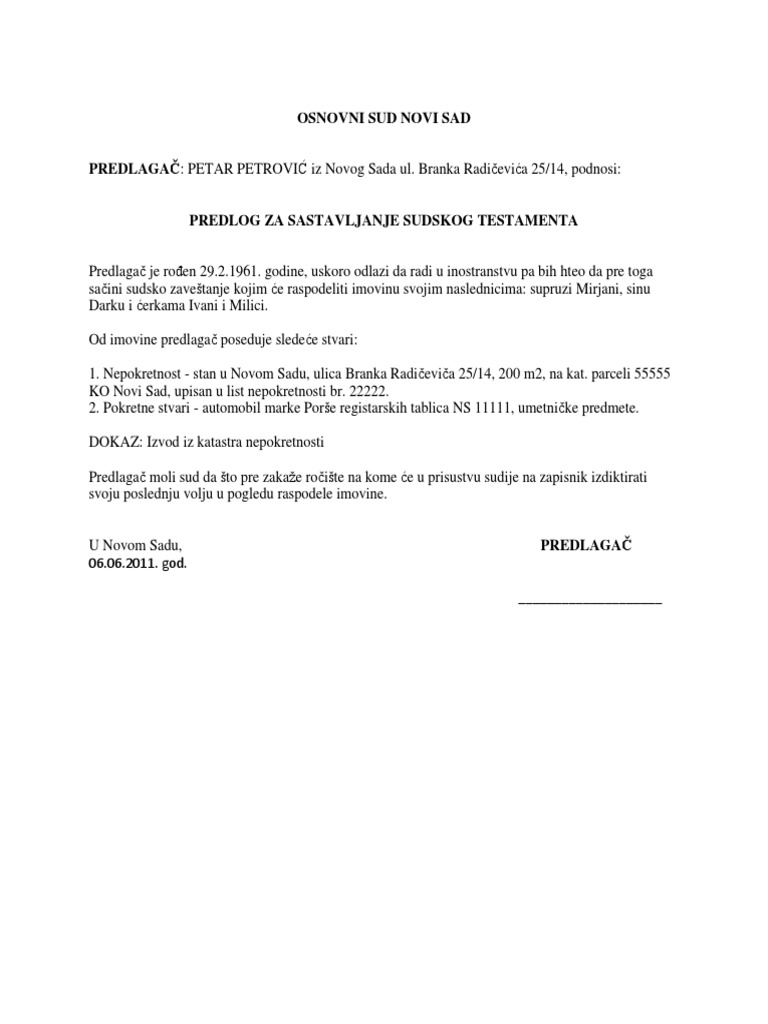 Predlog Za Sastavljanje Sudskog Testamenta | PDF