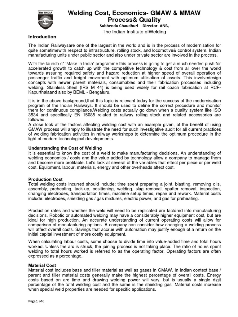 Welding Cost, Economics - GMAW & MMAW Process & Quality | PDF | Welding ...