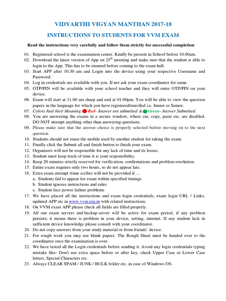 Vidyarthi Vigyan Manthan 2017-18: Instructions To Students For VVM Exam ...