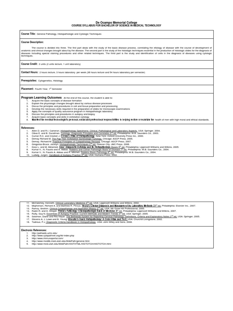 Course Syllabus Histopath | PDF | Fixation (Histology) | Pathology