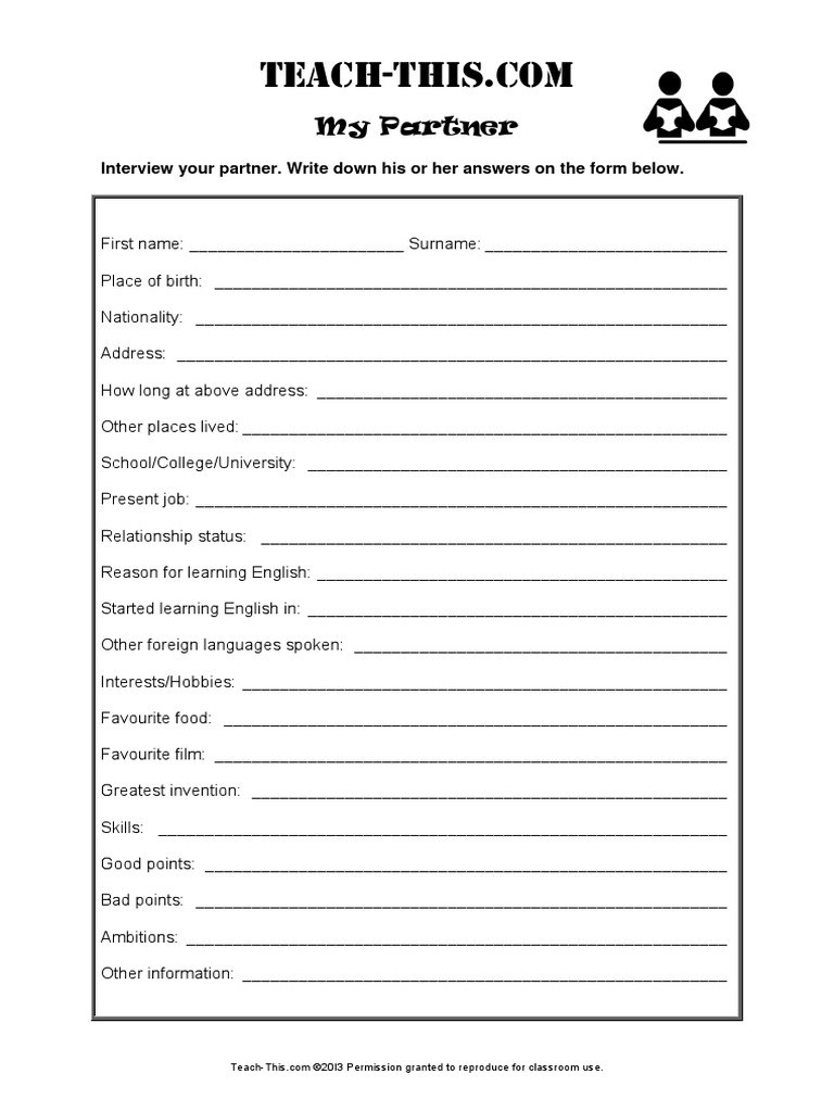 My Partner: Interview Your Partner. Write Down His or Her Answers On ...