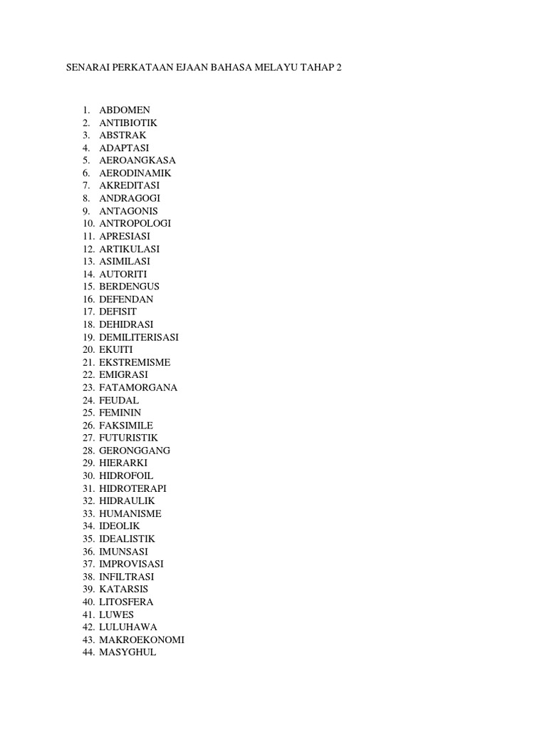 Senarai Perkataan Ejaan Bahasa Melayu Tahap 2 | PDF