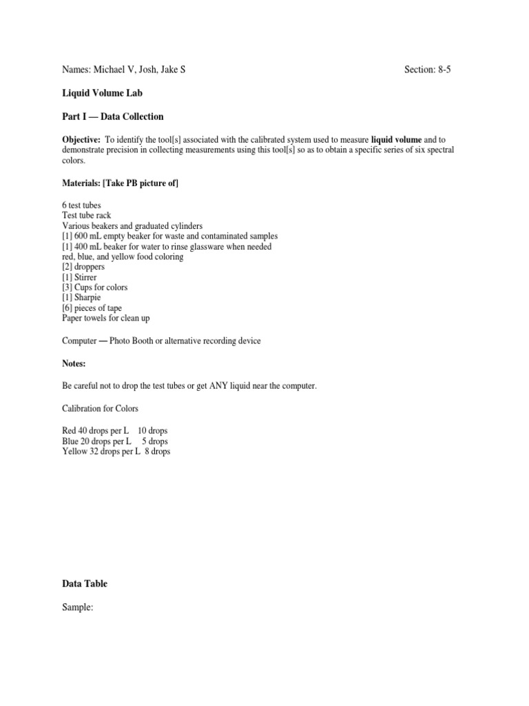 Liquid Volume Lab Part I - Data Collection: Names: Michael V, Josh ...
