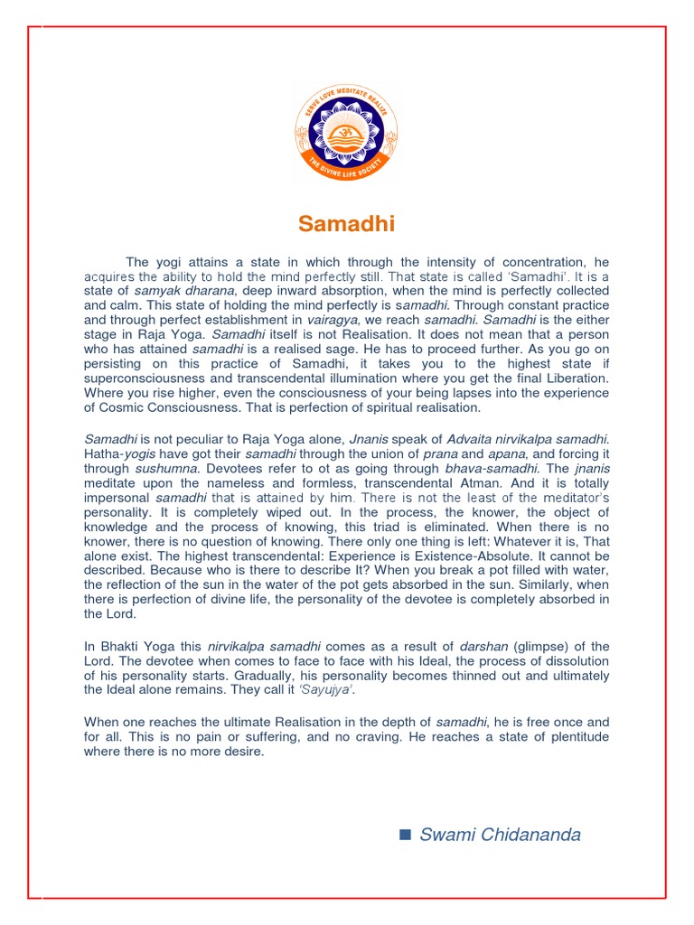 Samadhi: Samadhi Is Not Peculiar To Raja Yoga Alone, Jnanis Speak of ...