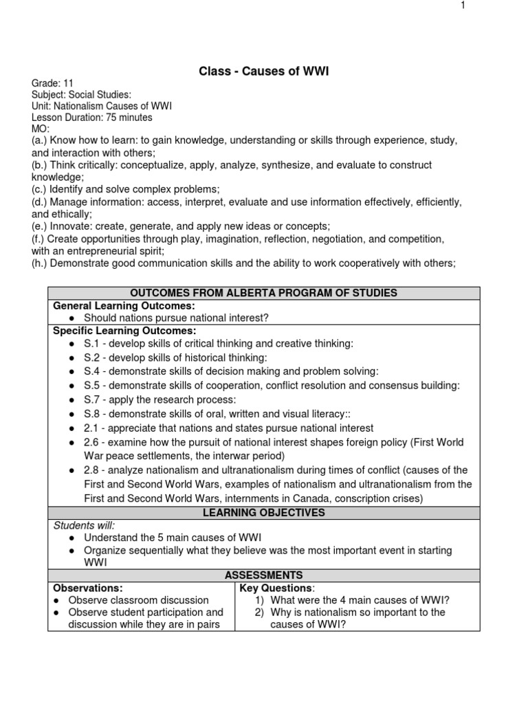 Causes of Wwi Lesson Plan | Download Free PDF | Critical Thinking ...