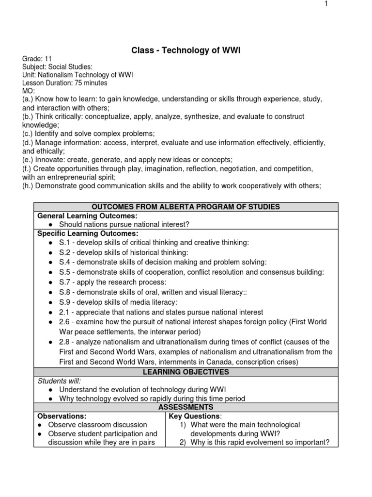 Wwi Technology Lesson | PDF | Critical Thinking | Educational Psychology