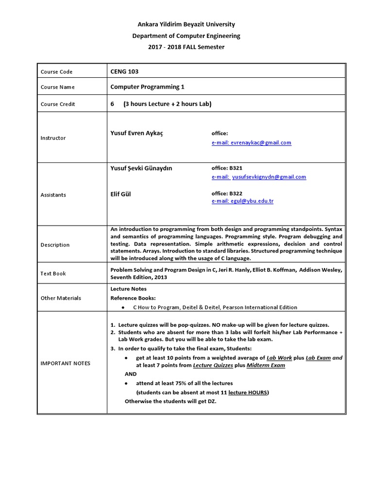 CENG103 CourseOutline 2017 2018 FALL | PDF | Parameter (Computer Programming) | C (Programming ...
