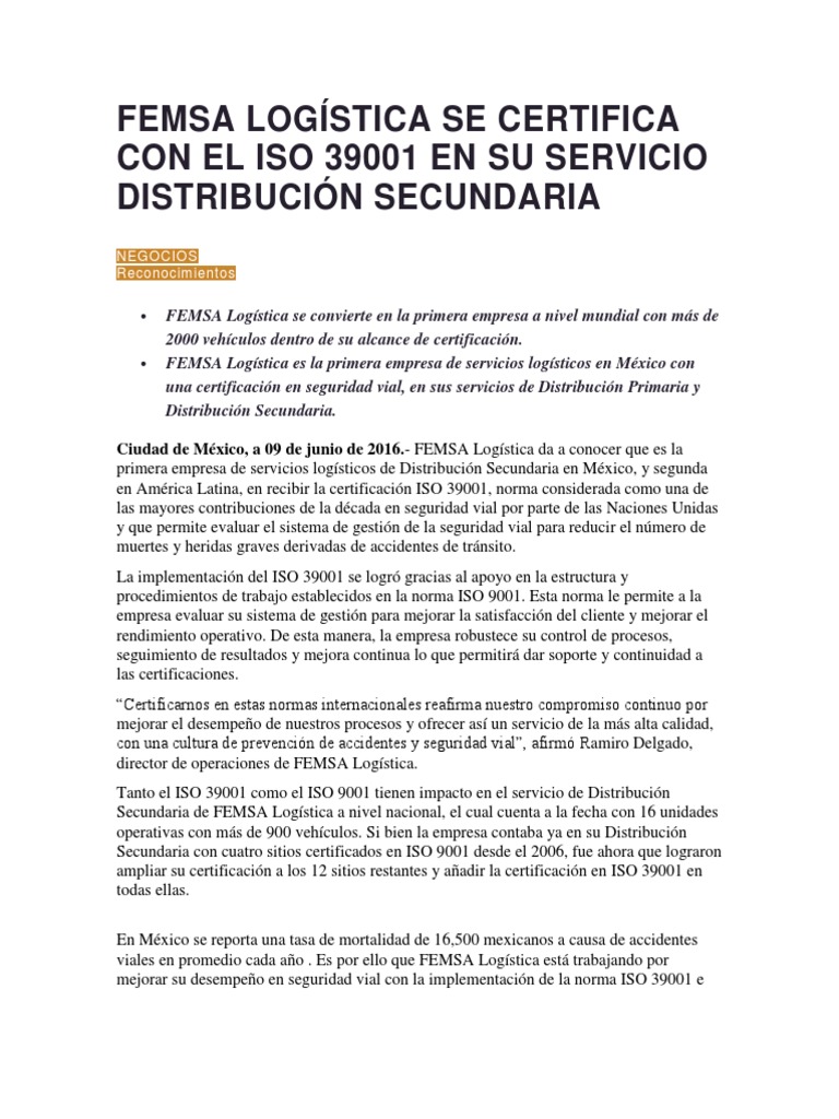 Femsa Logística Se Certifica Con El Iso 39001 en Su Servicio ...