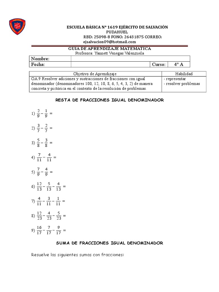 Guia de Suma y Resta de Fracciones Cuarto | PDF | Aritmética | Números