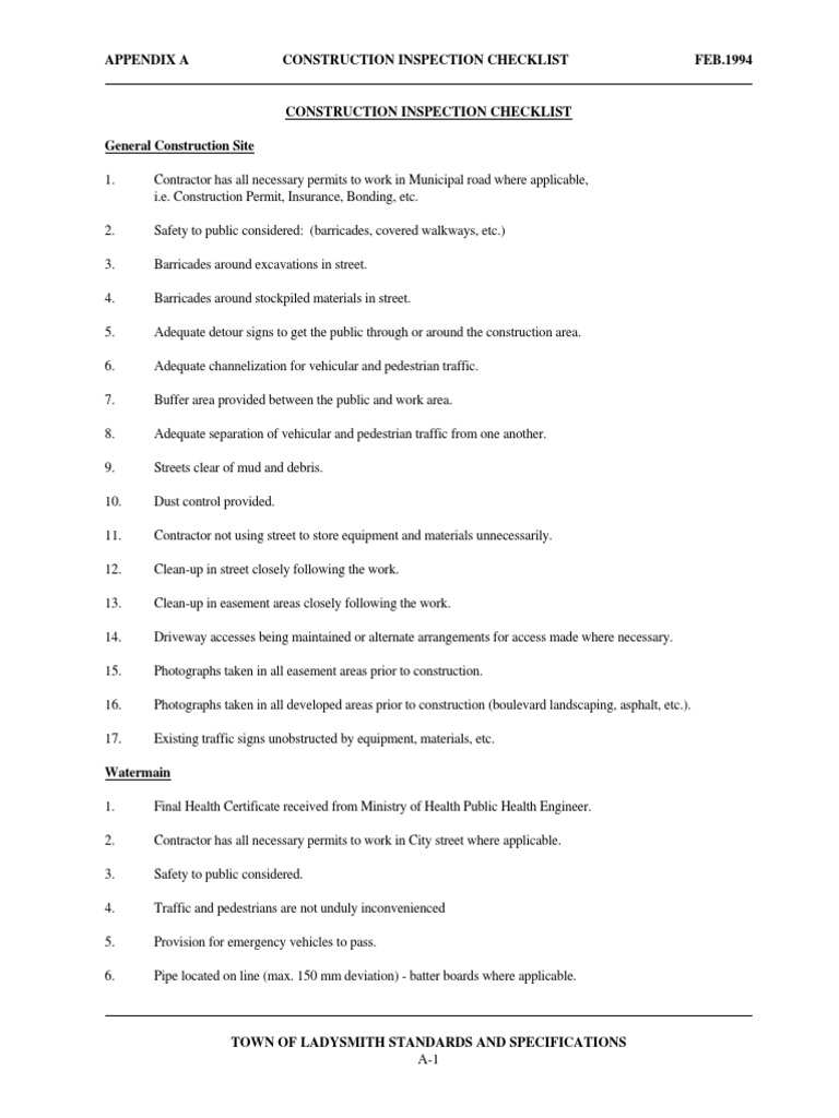 Appendix A Construction Inspection Checklist FEB.1994 | PDF | Sidewalk ...