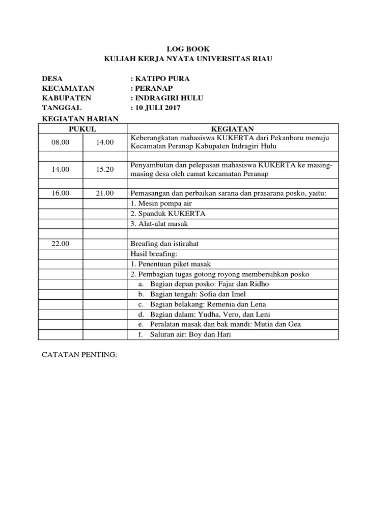 Log Book KKN Desa Katipo Pura | PDF