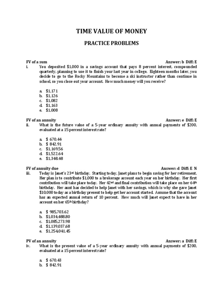 Time Value of Money Practice Questions | PDF | Present Value | Time ...