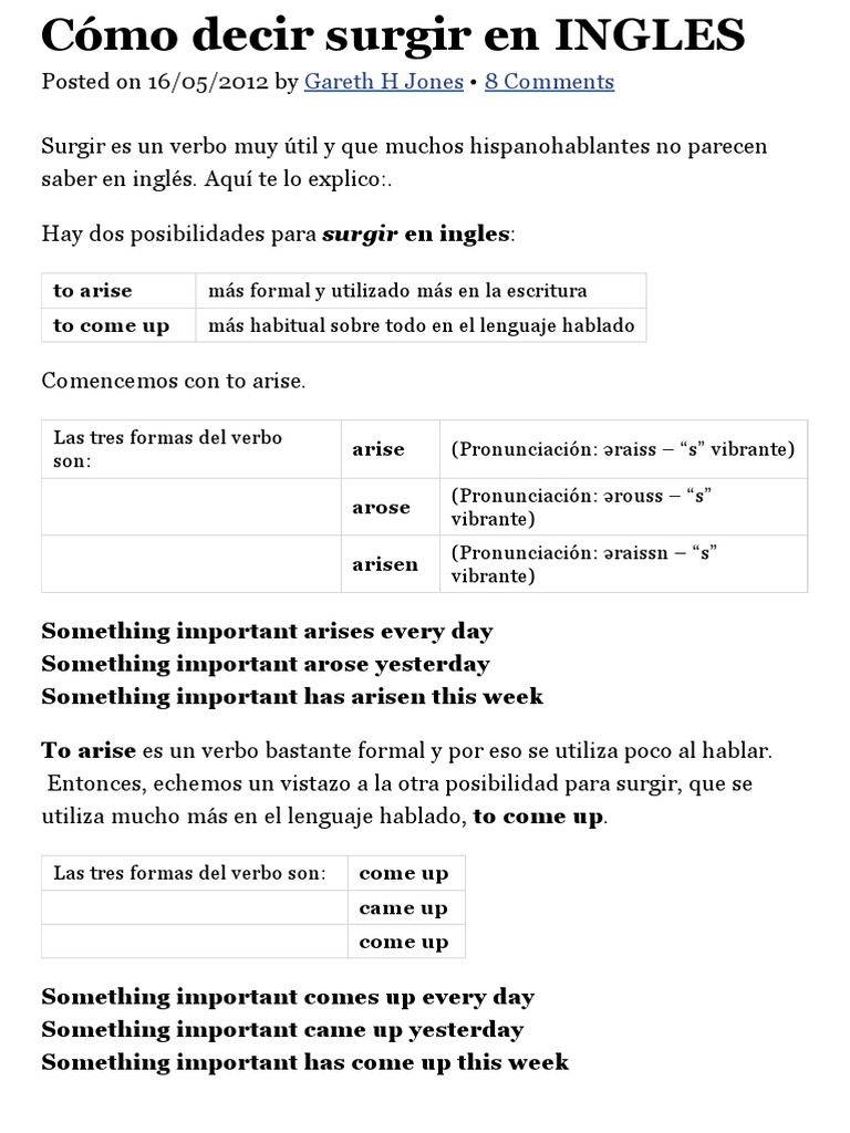 Cómo usar "surgir" en inglés | PDF | Lingüística | Ciencia cognitiva