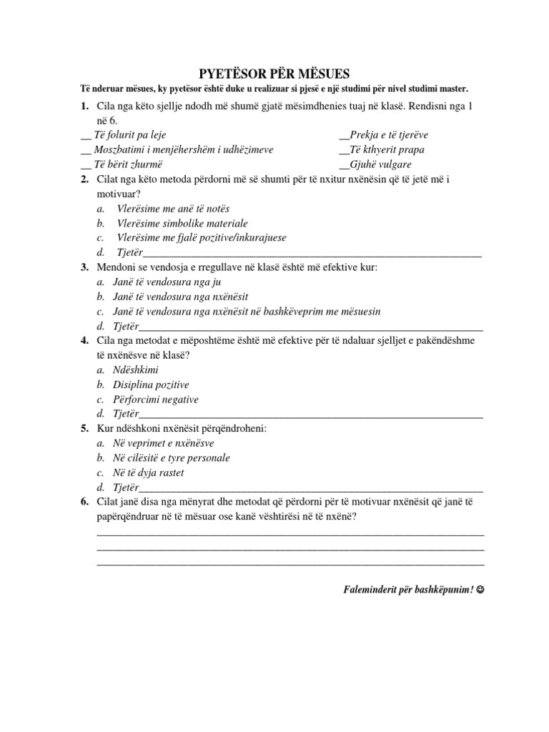 Pyetësor Për Mësues Janar | PDF