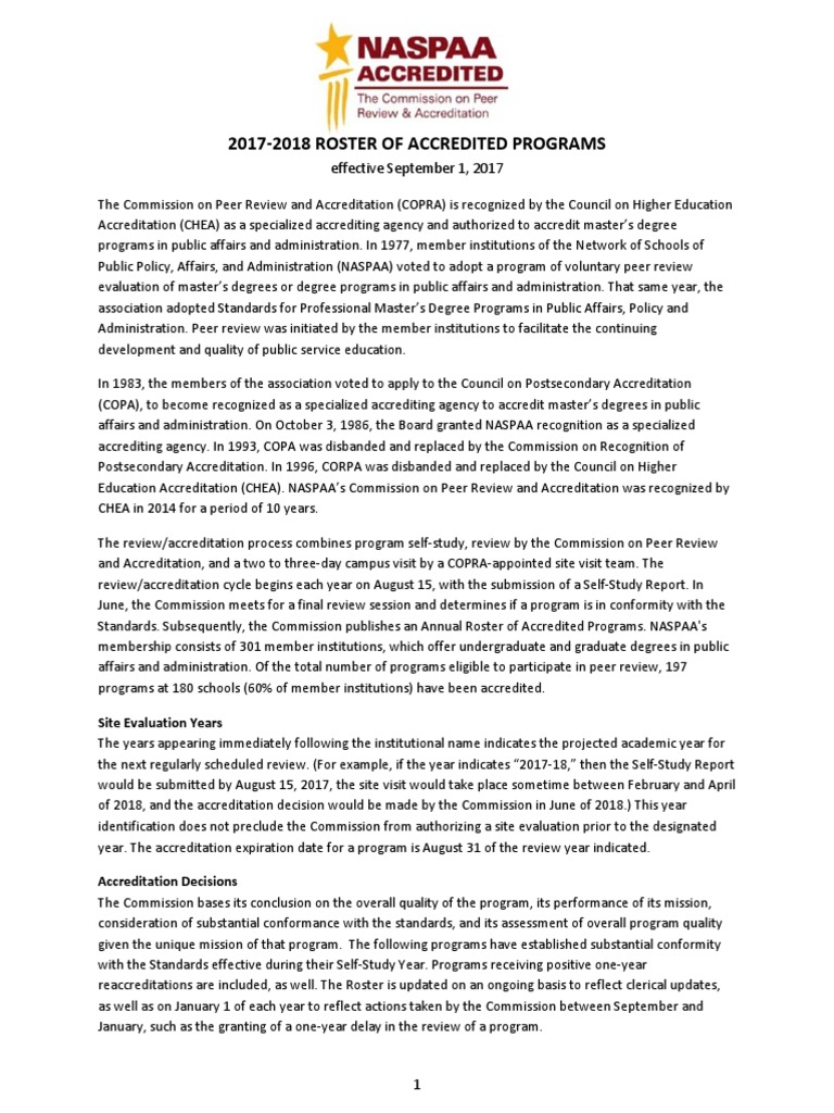 NASPAA Roster of Accredited Programs | PDF | Educational Stages | Academia