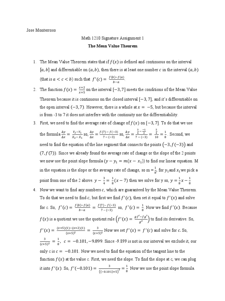 Math 1210 Signature Assignment 1 | PDF | Derivative | Slope
