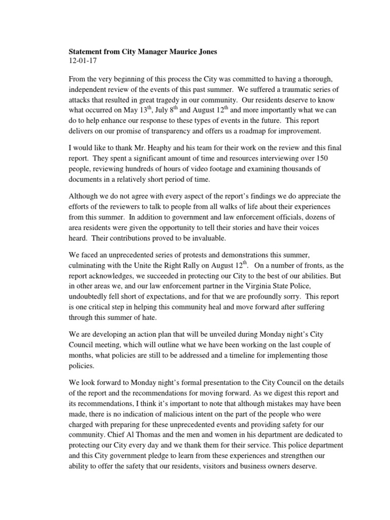 Charlottesville City Manager's Statement | PDF | Human Rights | Public ...