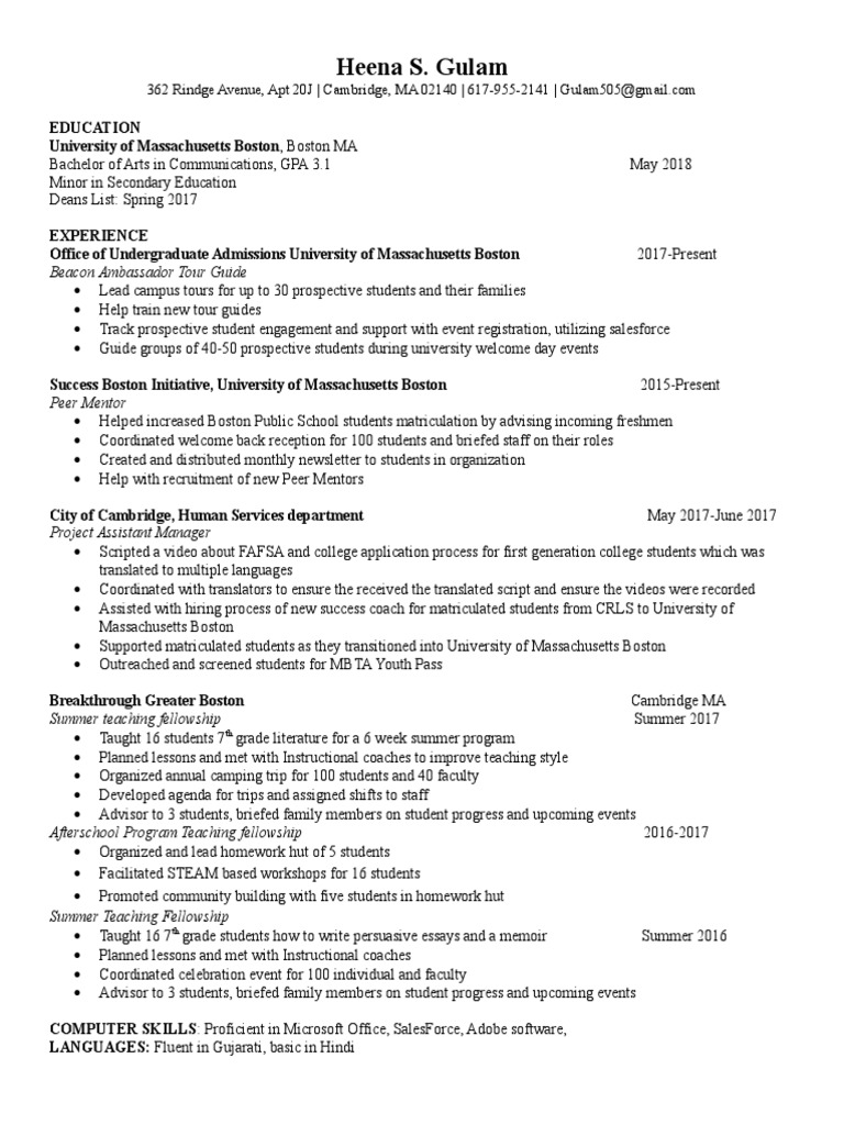 Heena Gulam Resume Admissons Consuler | PDF | Massachusetts | Mentorship