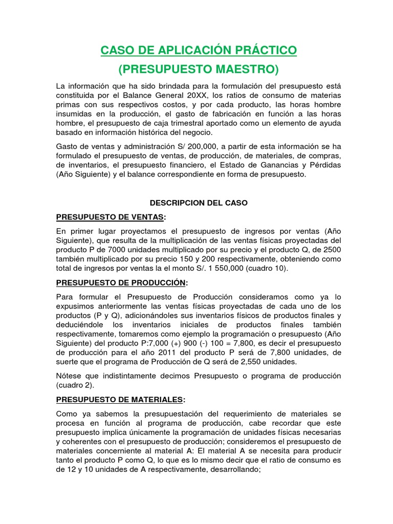 Caso Practico Presupuesto Maestro y Eeff | PDF | Costo | Presupuesto