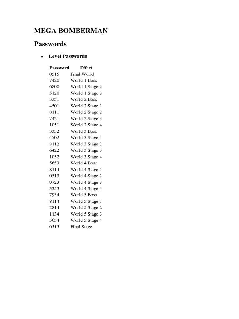 Mega Bomberman Passwords | PDF | Sports & Recreation | Science ...