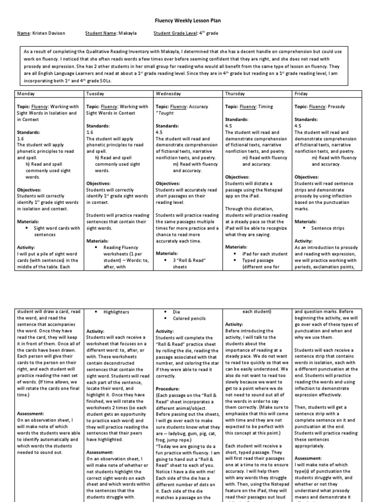 Fluency Week of Lesson Plans | PDF | Reading Comprehension | Reading ...