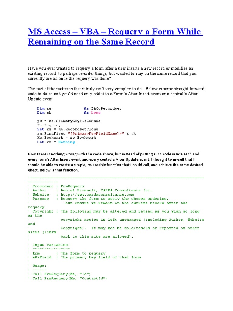 Vba Access Code Expert Pdf Visual Basic For Applications Computer