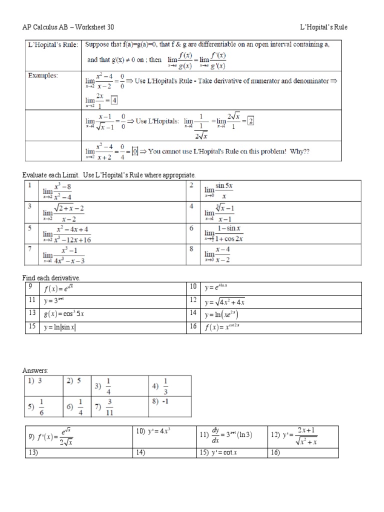 Worksheet 30 - L - Hopitals Rule | PDF