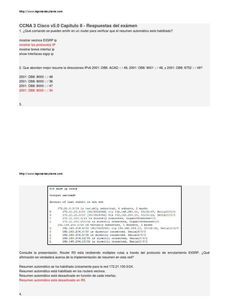 CCNA 3 Cisco v5.0 Capitulo 8 Respuestas Del Exámen | PDF | Enrutador (Computación) | Dirección IP