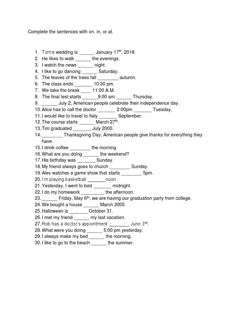 Completing Sentences with Prepositions of Time: On, In, or At | PDF