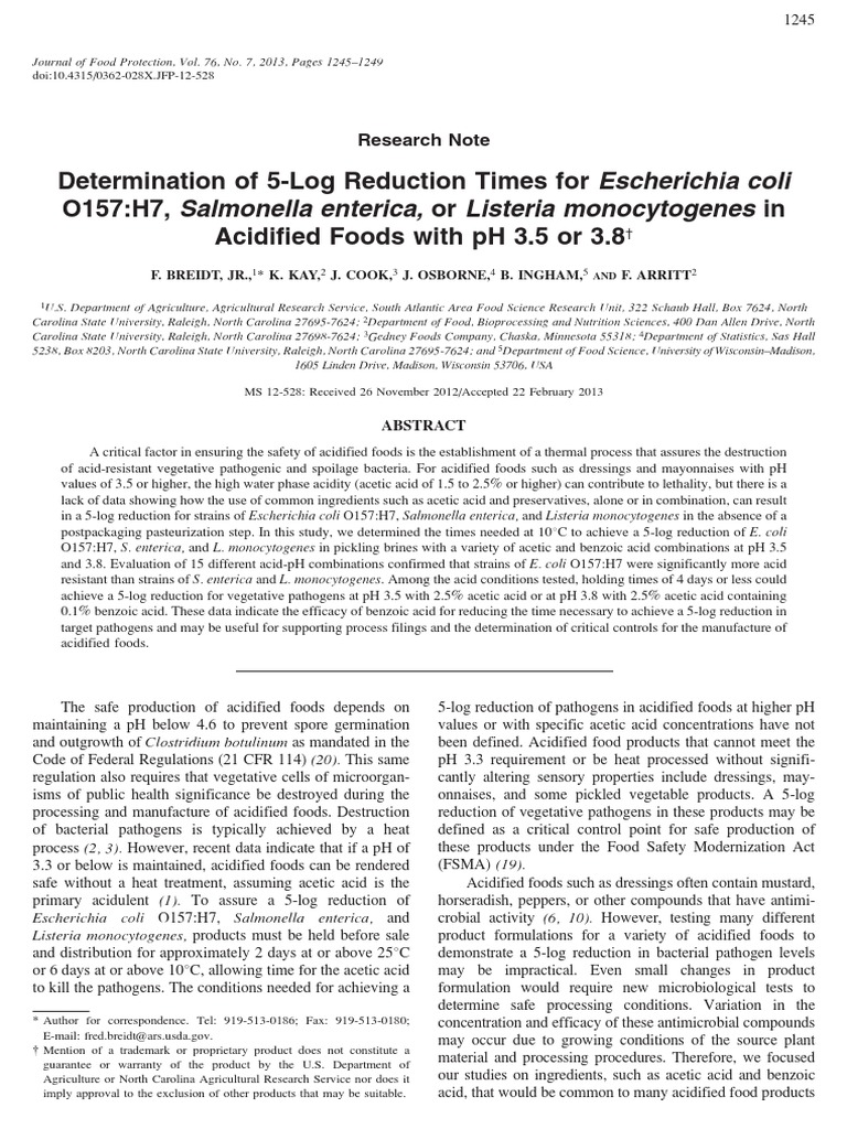 5-Log Reduction in Acidified Foods | PDF | Escherichia Coli | Ph