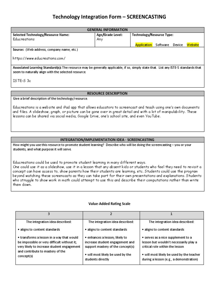 Technology Integration Template-Screencasting | PDF | Computers