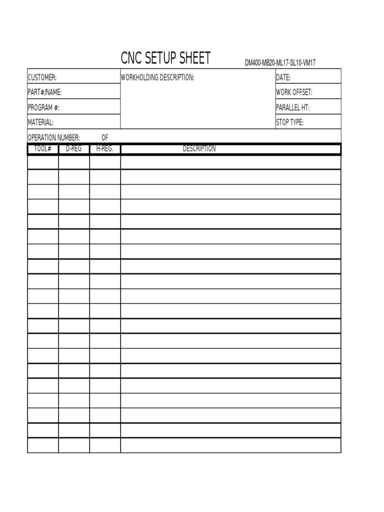 CNC Machine Setup Sheet Template | PDF
