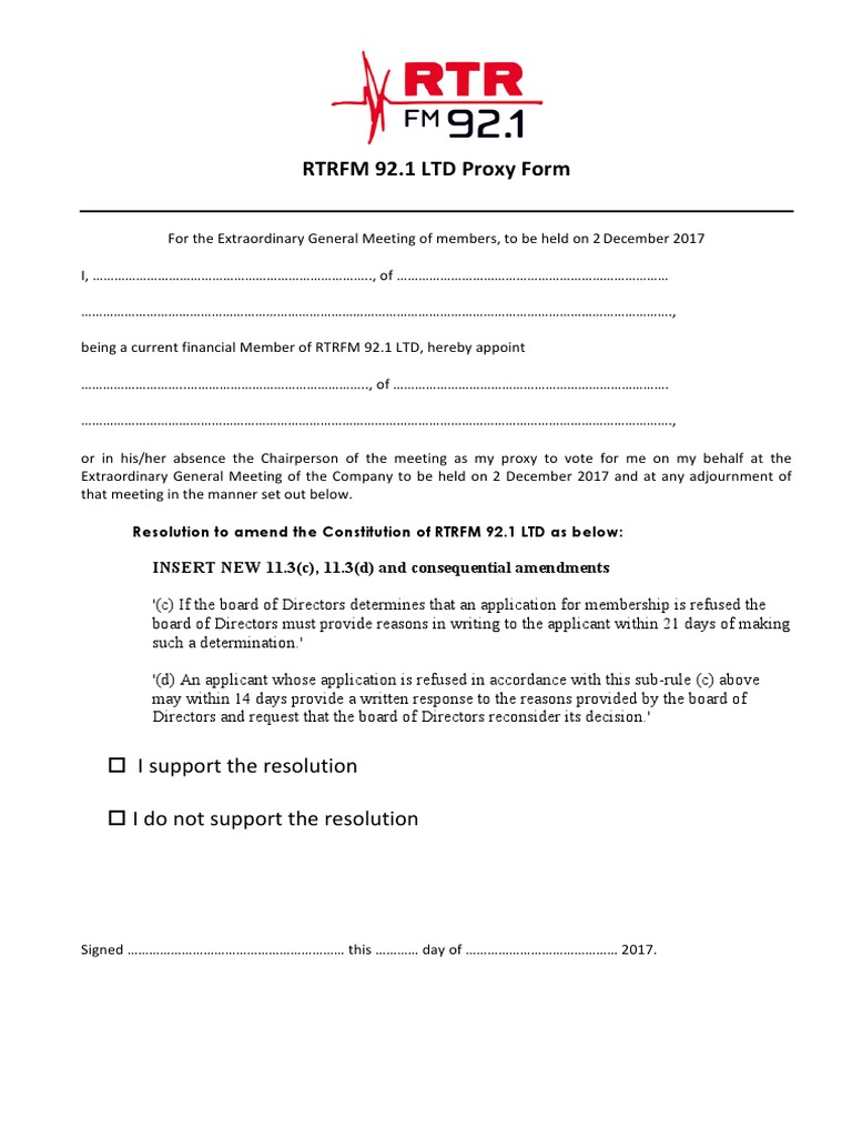 RTRFM 921 LTD Egm Proxy Form 2017 | PDF