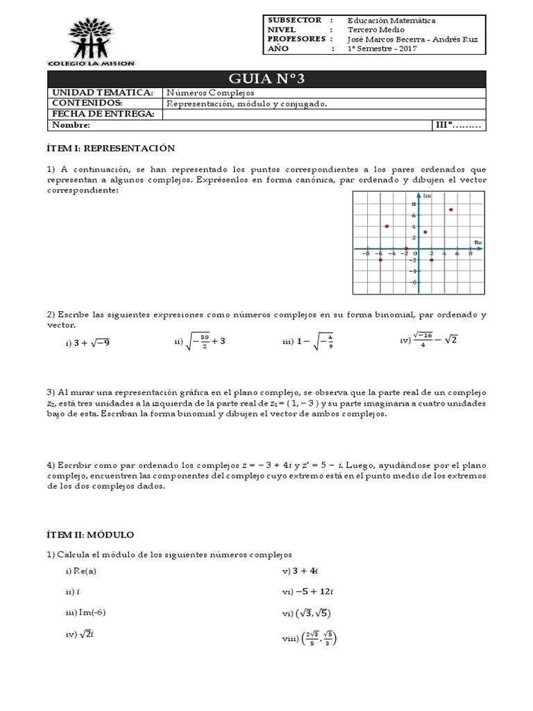 Guía 3 - Unidad Números Complejos - Representación, Módulo y Conjugado ...