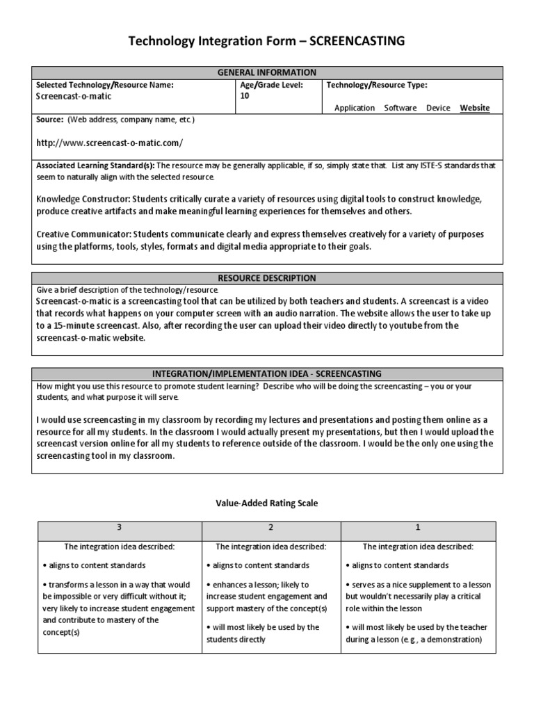 Technology Integration Form - SCREENCASTING: General Information | PDF | Communication | Cognition