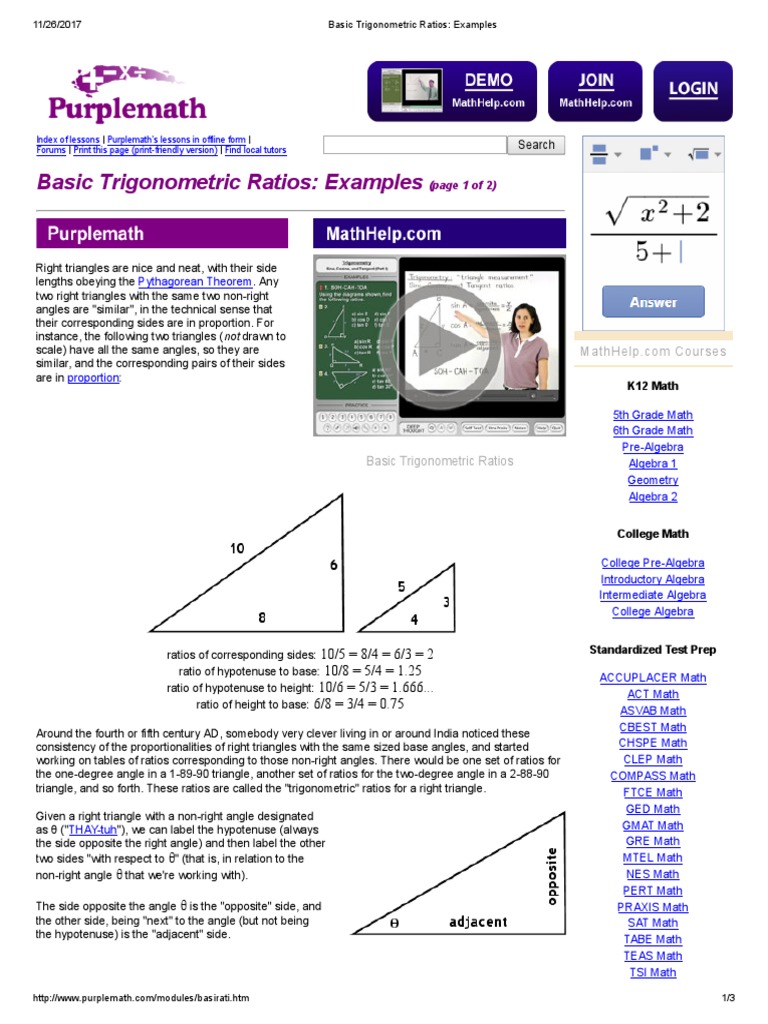 Basic Trigonometric Ratios - Examples PDF | PDF | Trigonometric ...