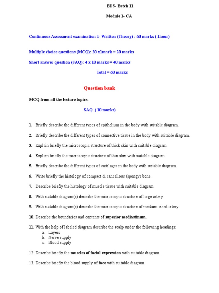 BDS-Batch 11-Module 1 - CA - Anatomy Question Bank | PDF | Brainstem | Human Anatomy