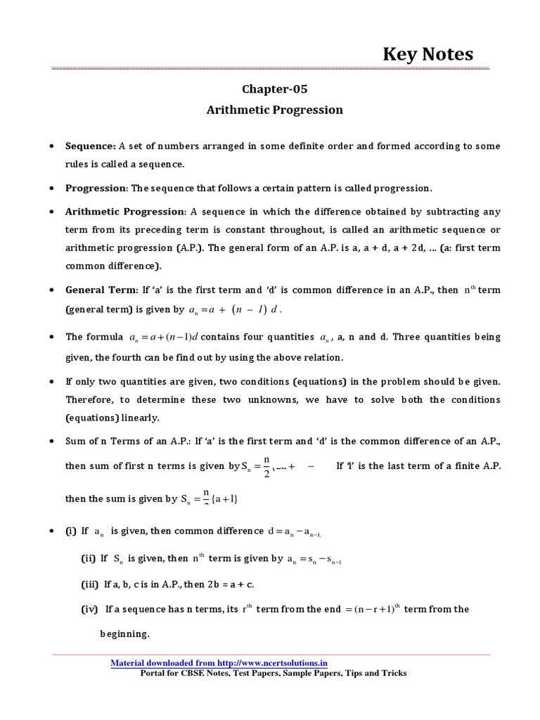 10 Maths Key Notes CH 05 Arithmetic Progression | PDF | Teaching ...
