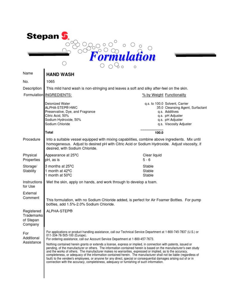 Stepan Formulation Handwash | PDF | Sodium Hydroxide | Ph