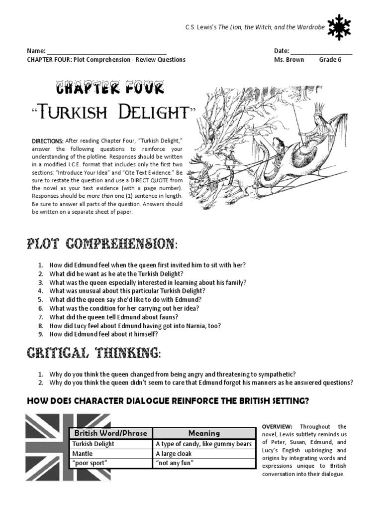 the lion the witch and the wardrobe - chapter 4 - review questions pdf ...