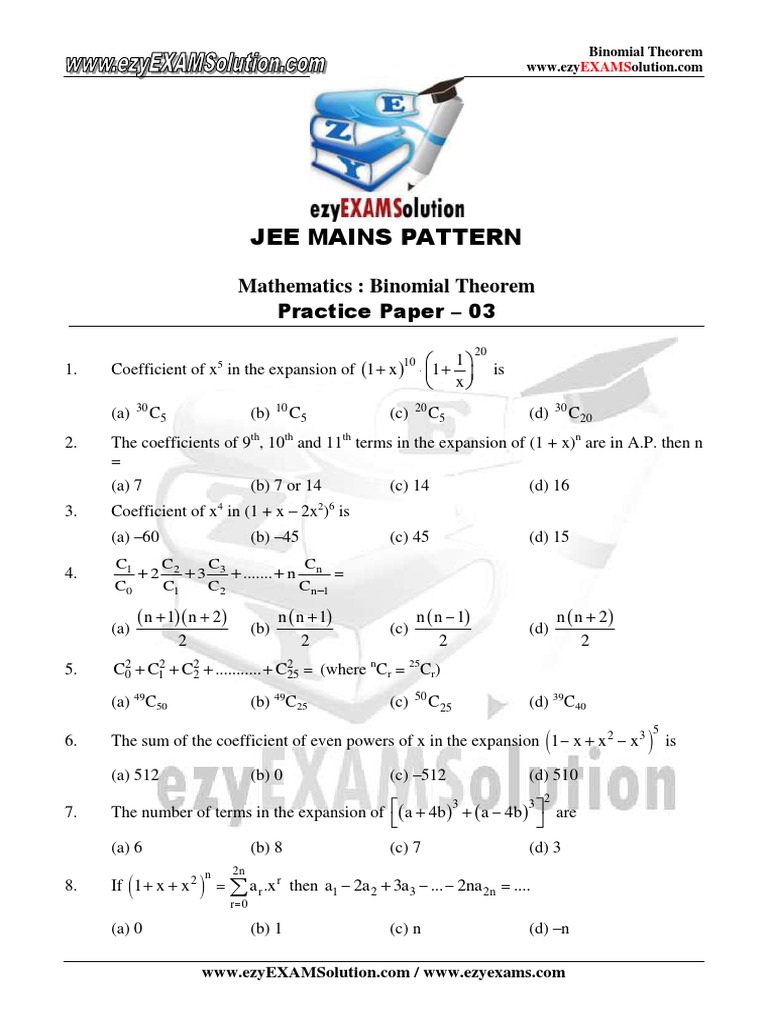 Jee Mains Pattern: Mathematics: Binomial Theorem Practice Paper - 03 ...