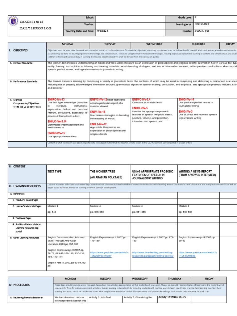 DLL Eng8 4thQ Week 5 | PDF | Learning | Teachers