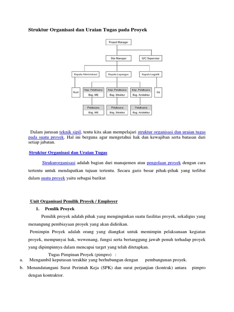 Struktur Organisasi Dan Uraian Tugas Pada Proyek | PDF