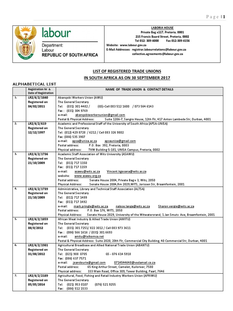 List of Registered Trade Unions in South Africa As On 30 September 2017 ...