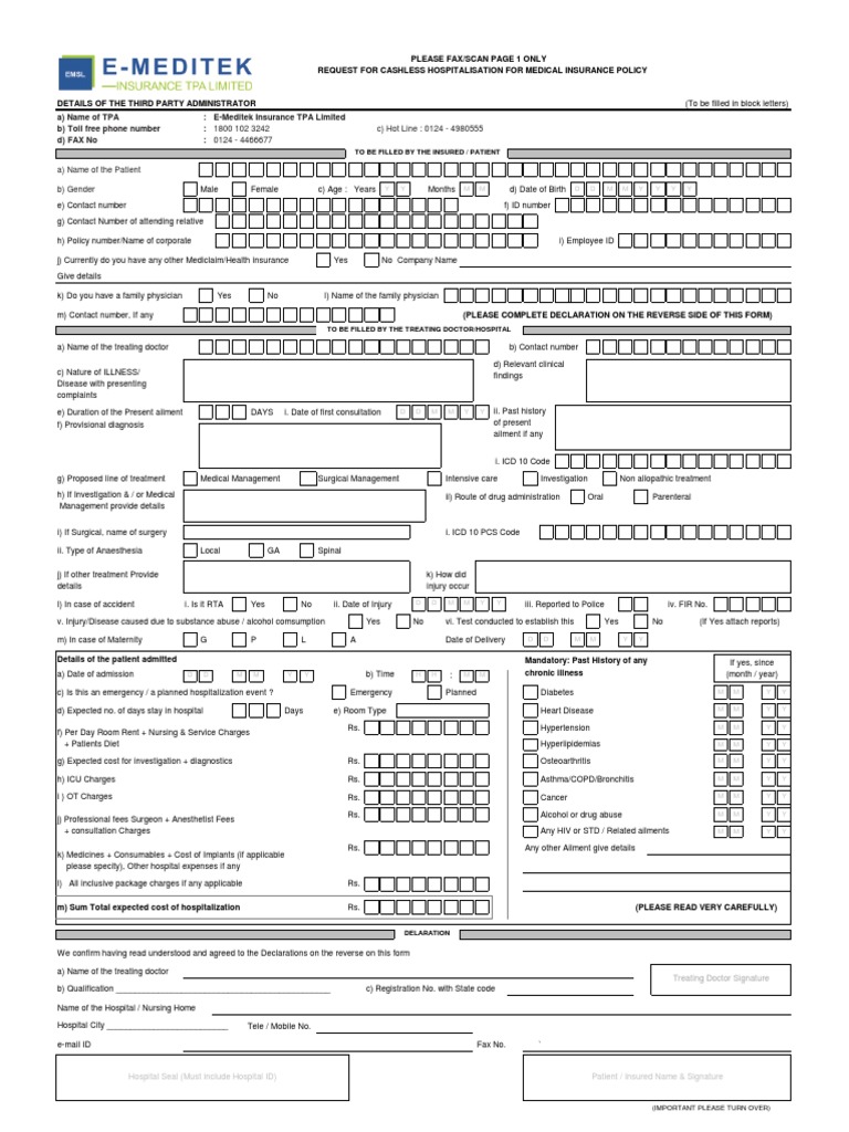 Cashless Request Form PDF | PDF | Patient | Insurance
