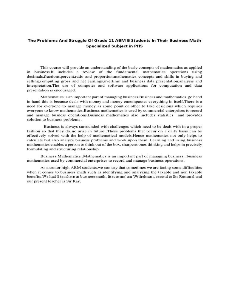 The Problems and Struggle of Grade 11 ABM B Students in Their Business ...