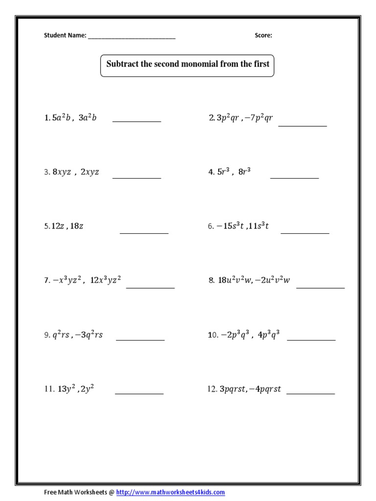 Subtraction Monomials | PDF