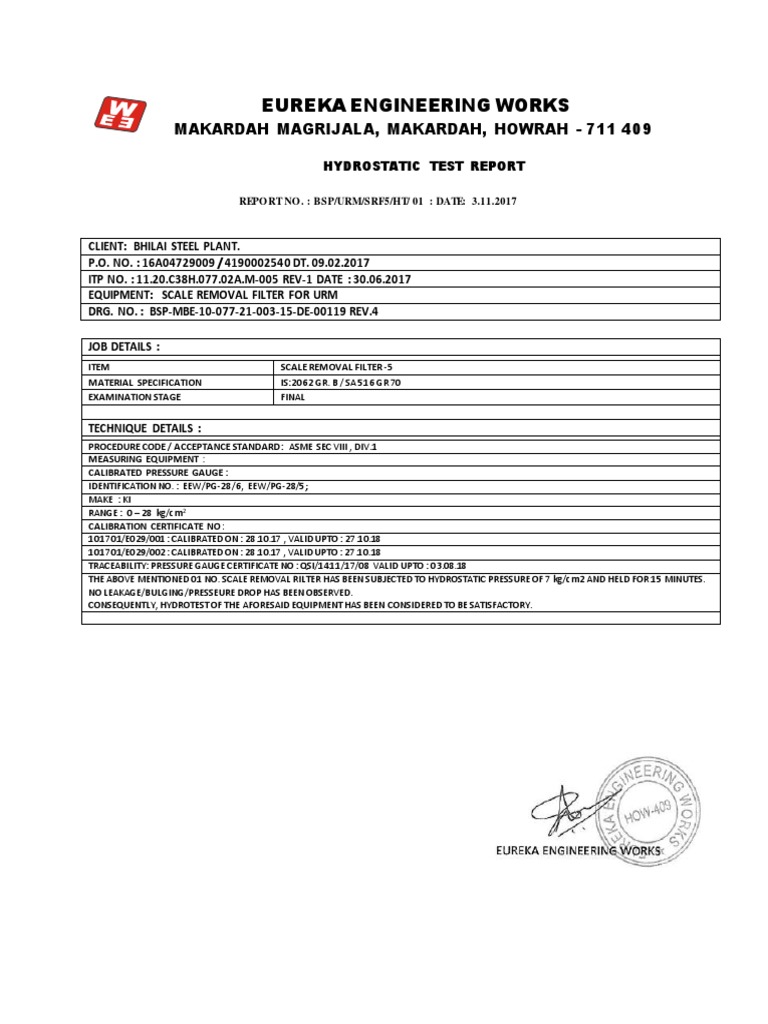 EEW17.3.9.Pressure Test Report | PDF | Calibration | Metrology